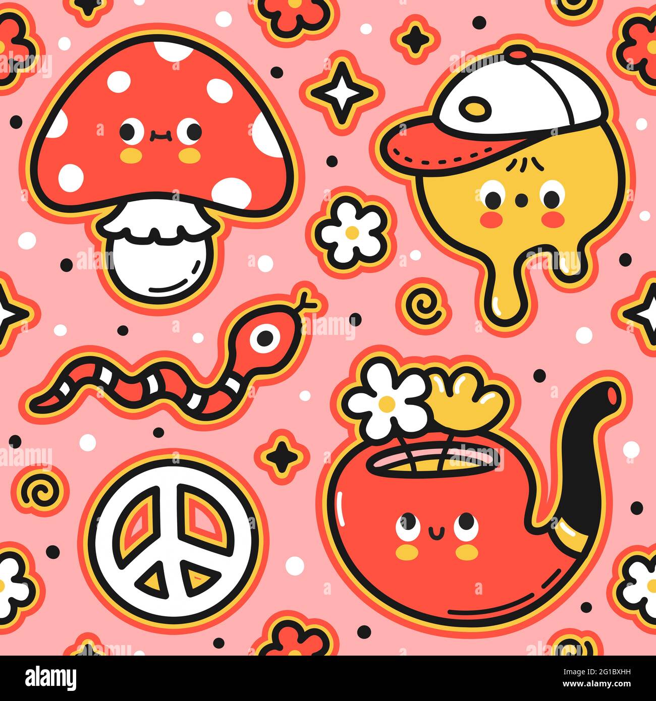 Cute funny trippy seamless pattern. Vector flat cartoon kawaii ...