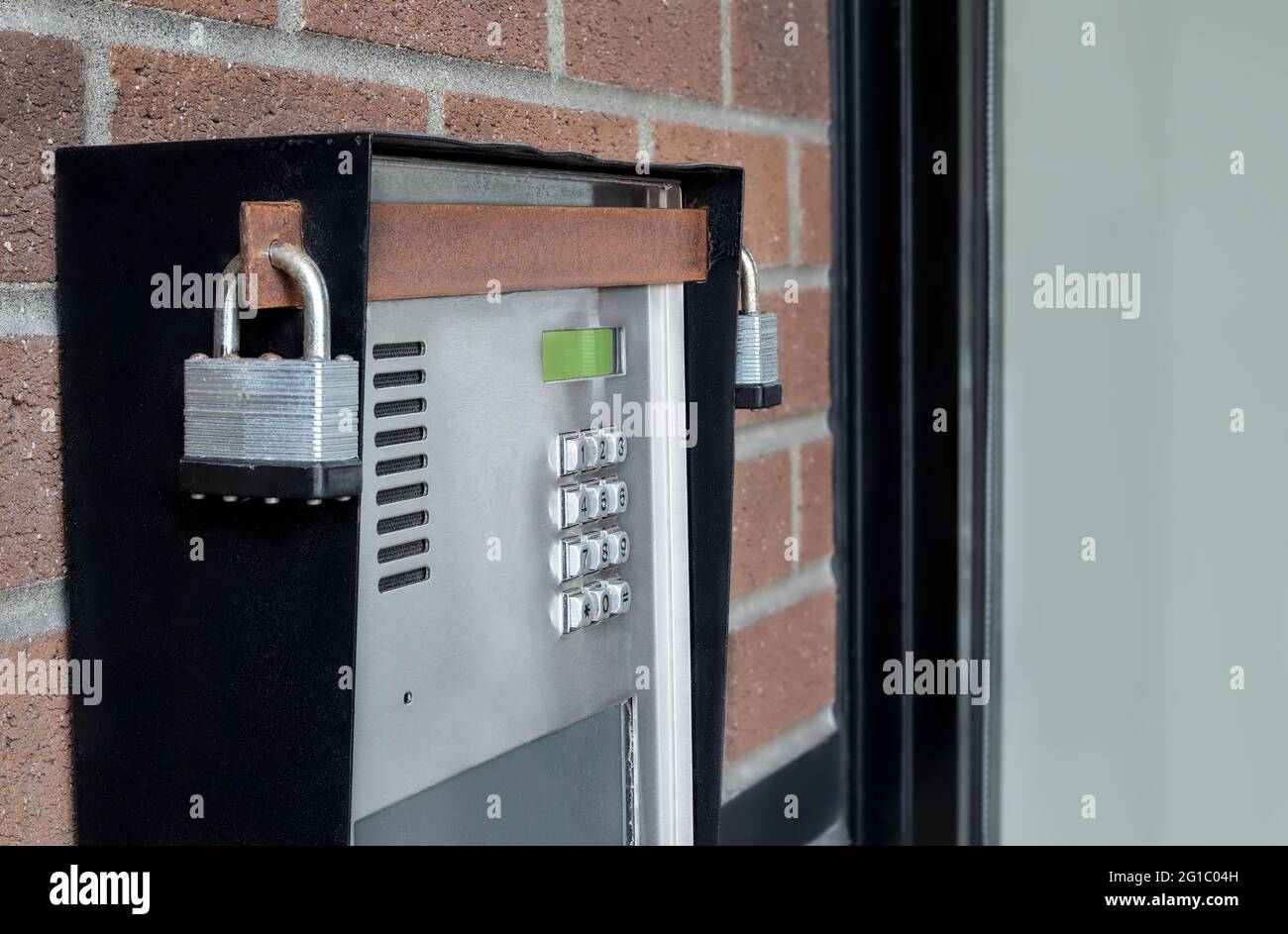 Building enterphone or intercom, closeup. Perspective view of ...