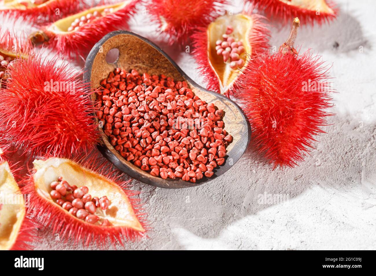 Annatto seeds, Onoto, Annatto, Bixa orellana, natural red pigment Stock ...