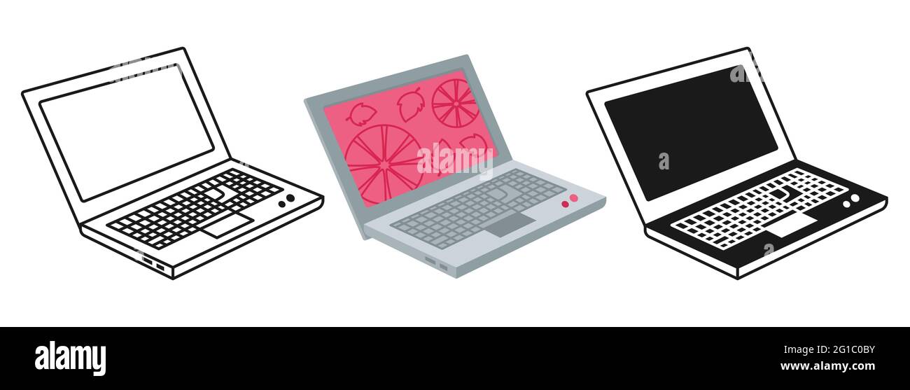Laptop computer cartoon set. Line icon, black glyph trendy style laptop ...
