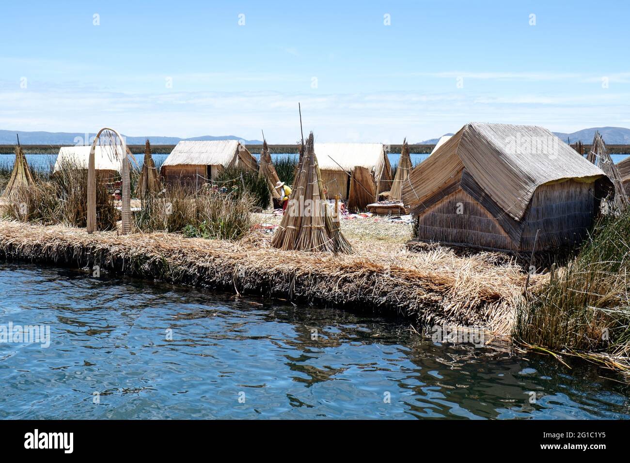 Indian village on a floating, Lake Titicaca, Peru. Constructed from the ...