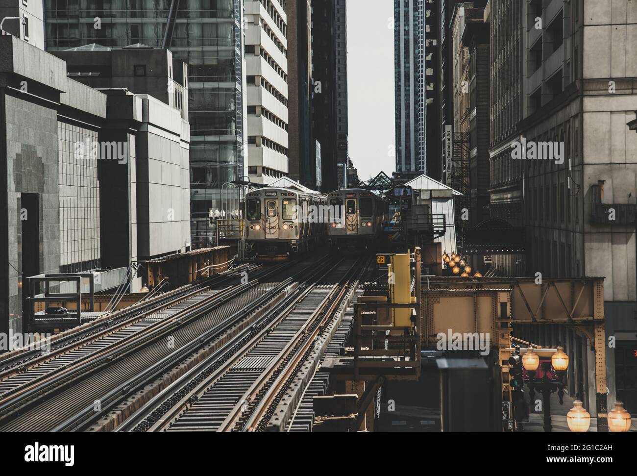 Train subway aerial view at Chicago, Vintage cityscape of Chicago ...