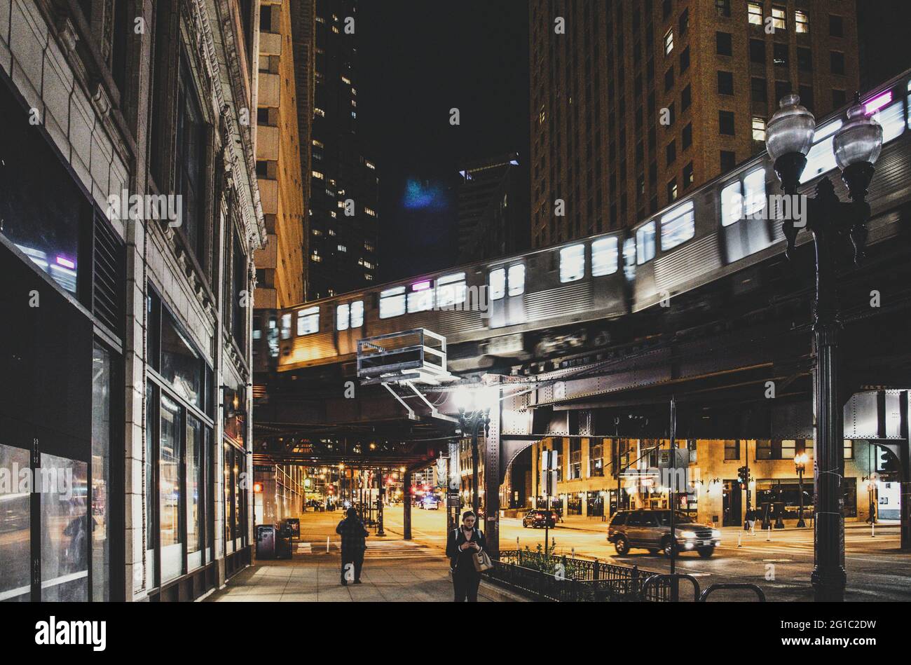 Train subway aerial view at Chicago, Vintage cityscape of Chicago ...