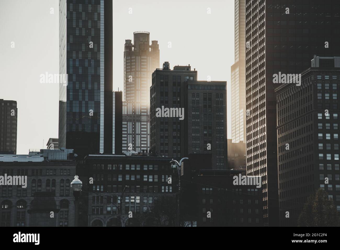 Chicago Skyline at Sunset sun on backgound with soft light Stock Photo ...