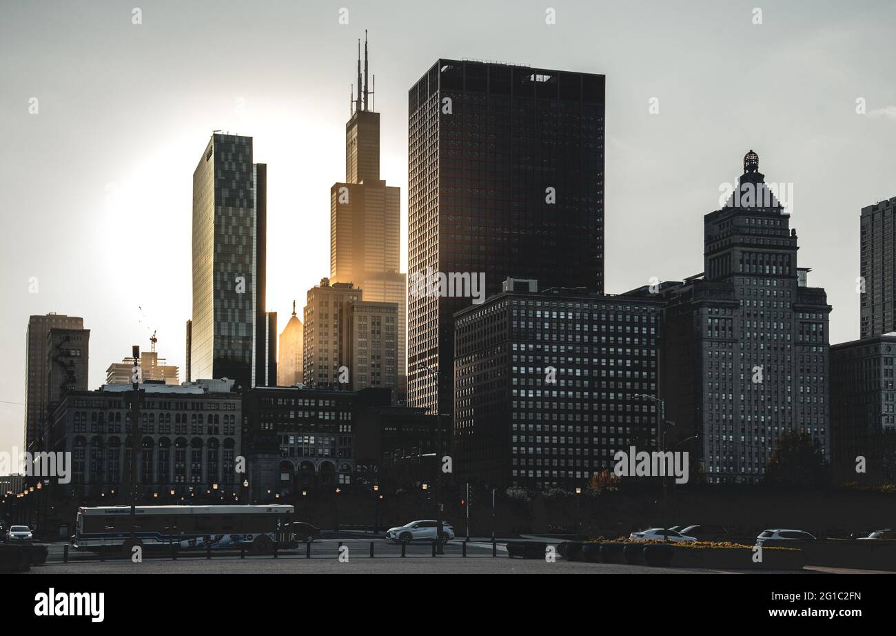 Chicago Skyline at Sunset sun on backgound with soft light Stock Photo ...