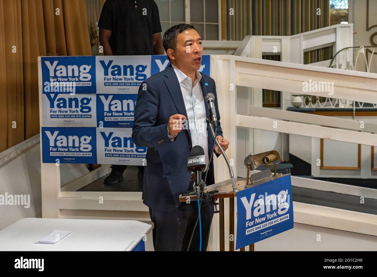 NEW YORK, NY – JUNE 06: Mayoral candidate Andrew Yang speaks at a John ...
