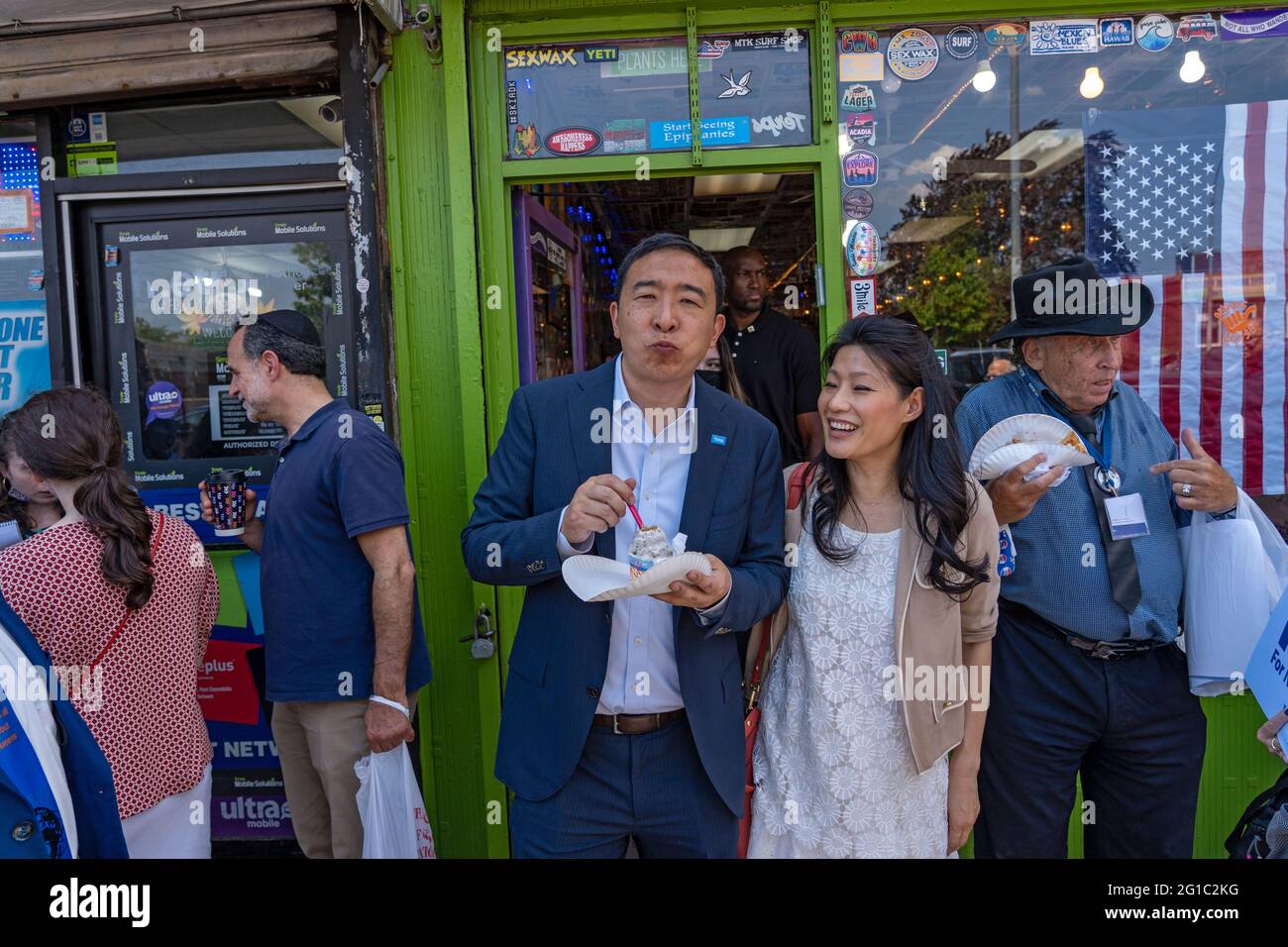 NEW YORK, NY – JUNE 06: Mayoral candidate Andrew Yang buys a blueberry ...