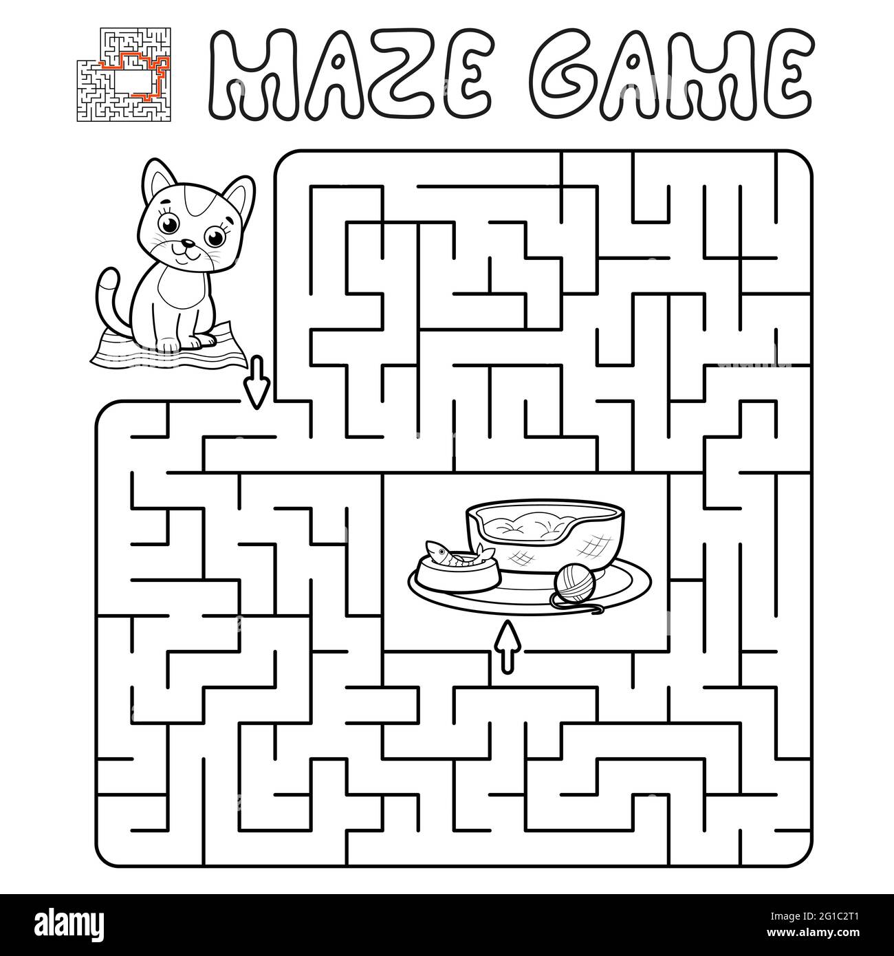 Maze puzzle game for children. Outline maze or labyrinth game with cat. Vector illustrations ...