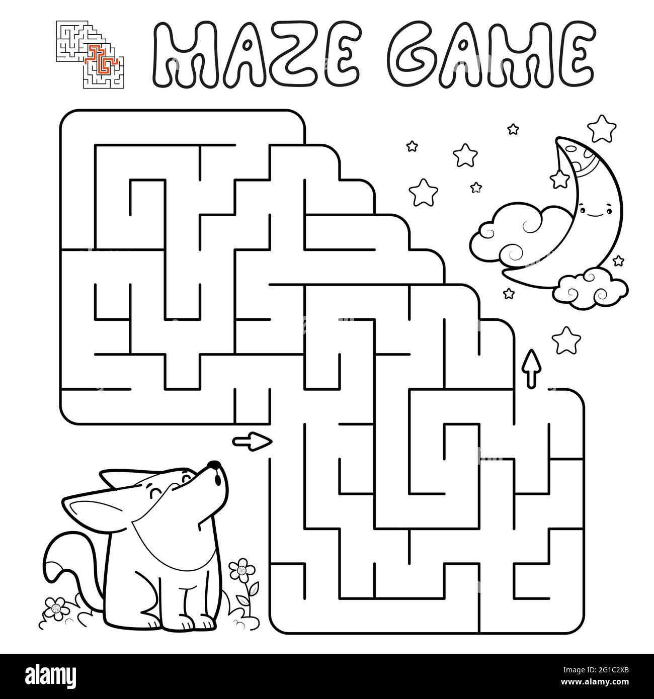 Maze puzzle game for children. Outline maze or labyrinth game with wolf ...