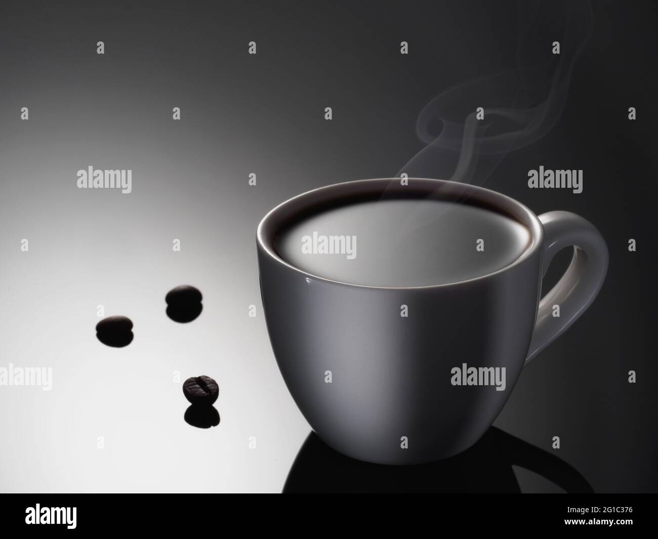 White coffee cup with smoke and coffee beans. Reflective dark ...