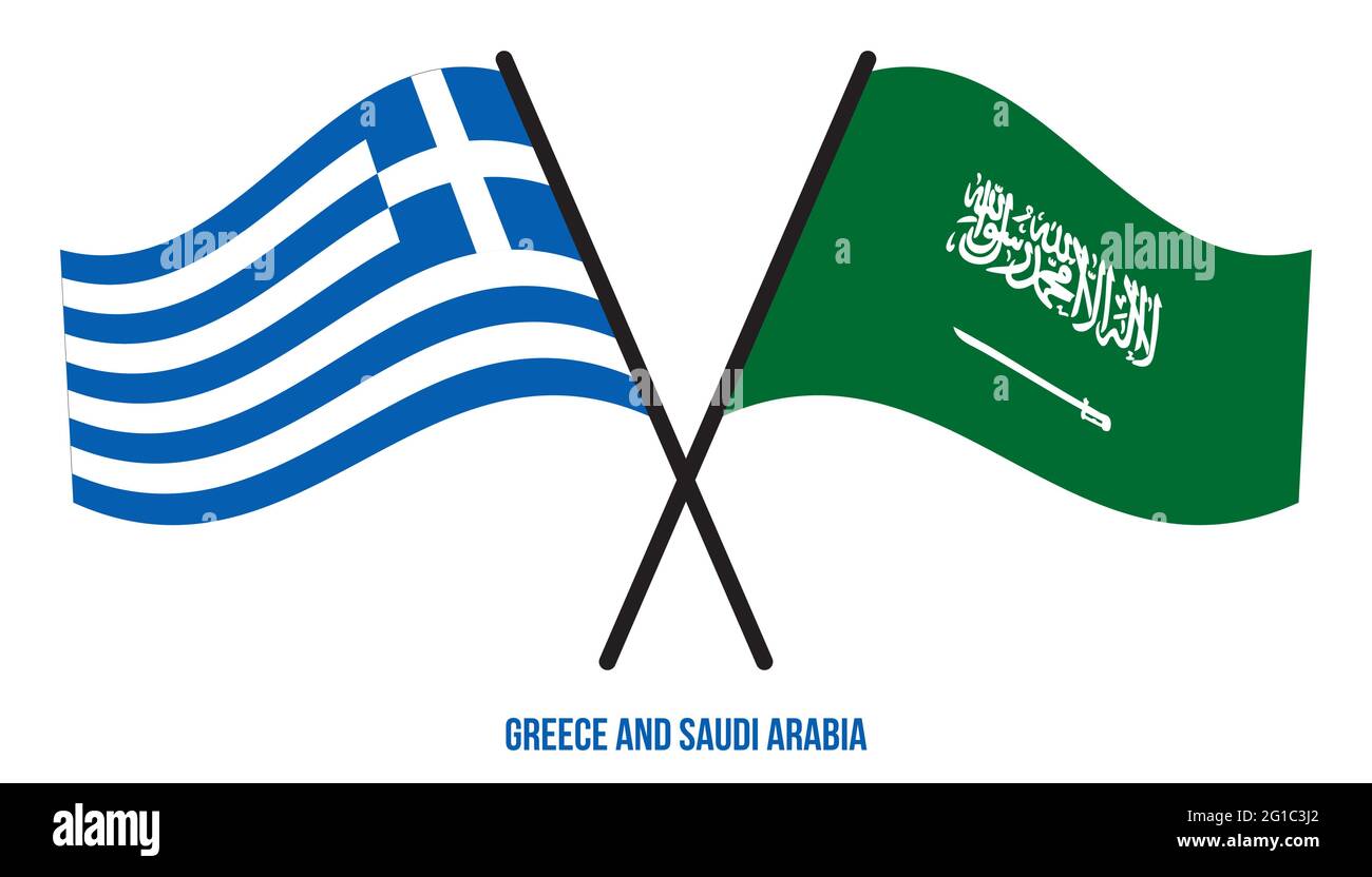 Greece and Saudi Arabia Flags Crossed And Waving Flat Style. Official ...