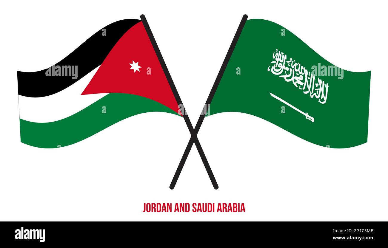 Jordan and Saudi Arabia Flags Crossed And Waving Flat Style. Official ...