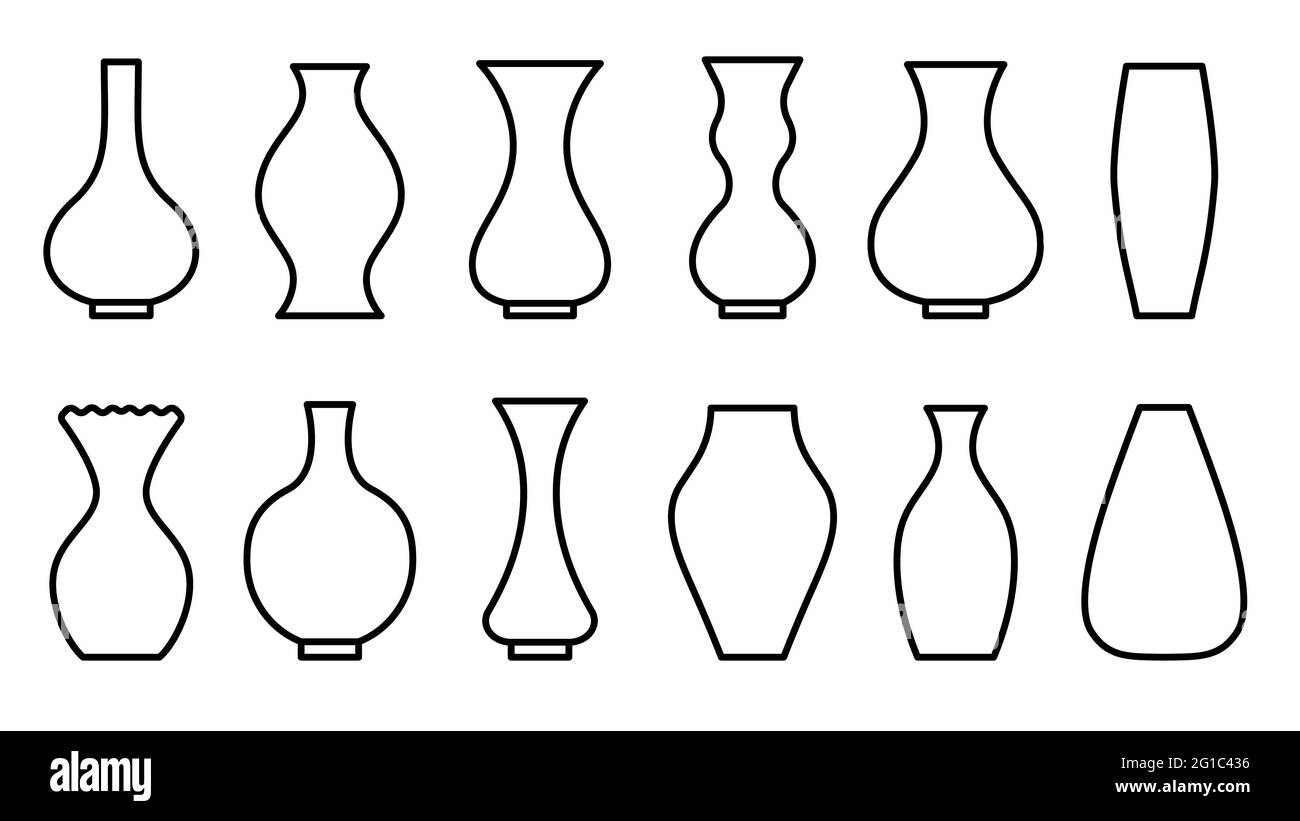 Vases black line outline symmetrical vector flat set. Icons for mobile ...