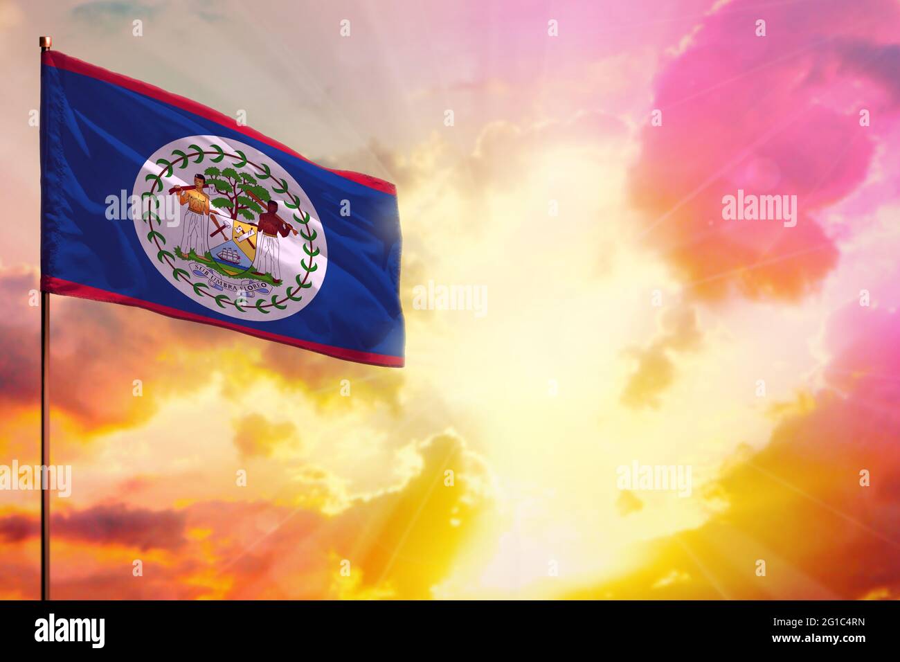 Fluttering Belize flag in left top corner mockup with the place for ...