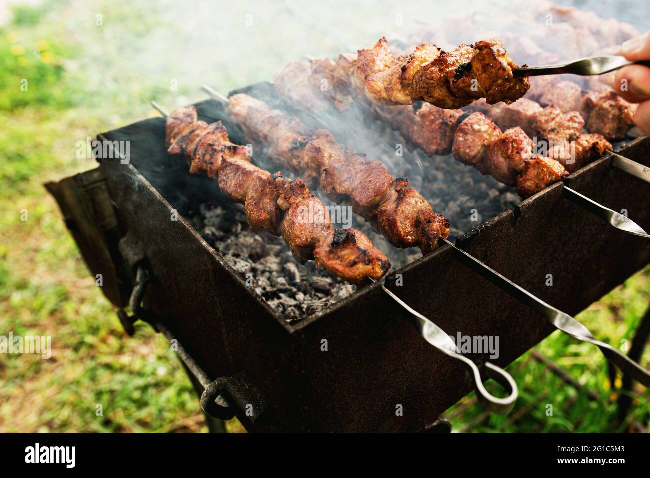 Weekend activities with family concept, tasty barbecue skewer with pork ...