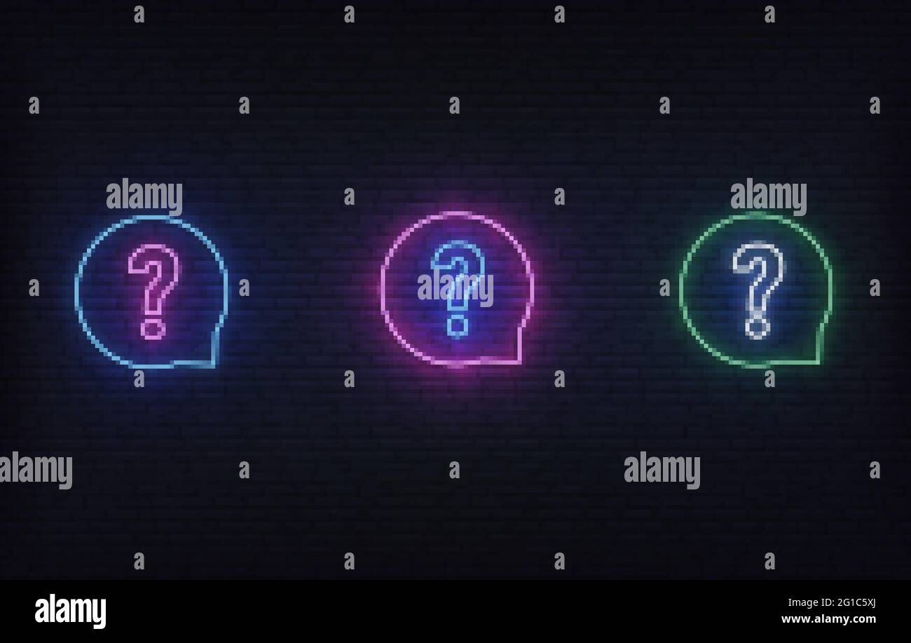 Question neon sign. Glowing neon quiz template signboard set Stock ...