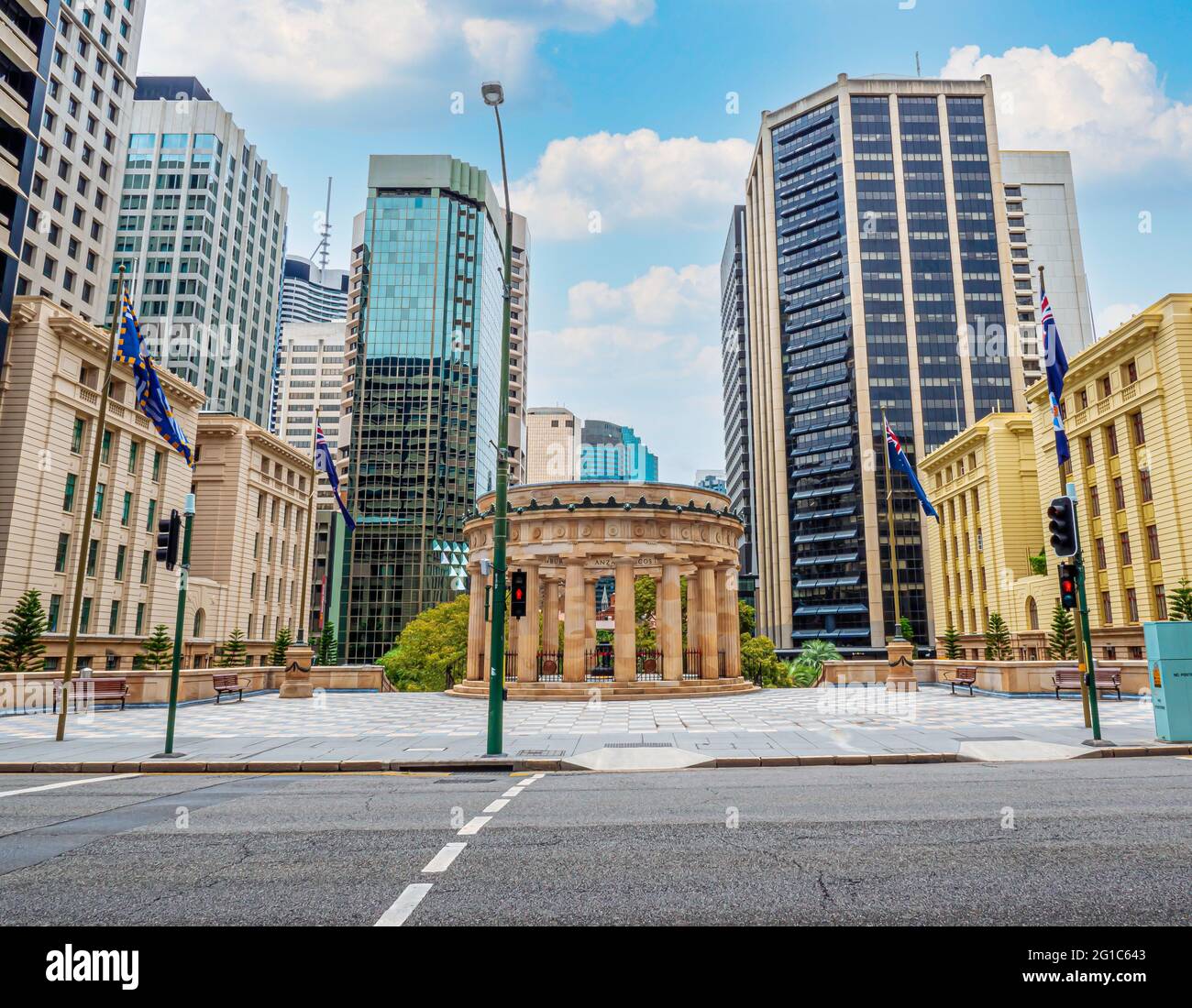 Brisbane modern city buildings behind the Anzac monument in the central ...