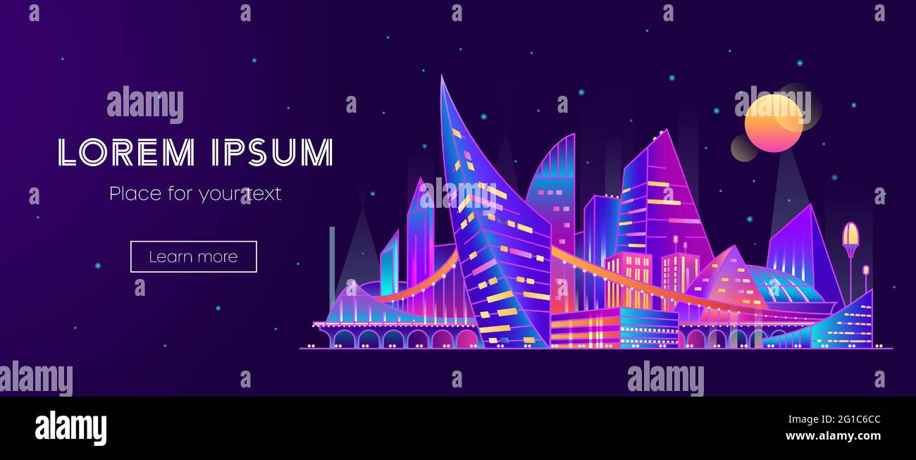 Future cyberpunk landscape - vector horizontal banner layout. Sci--fi ...