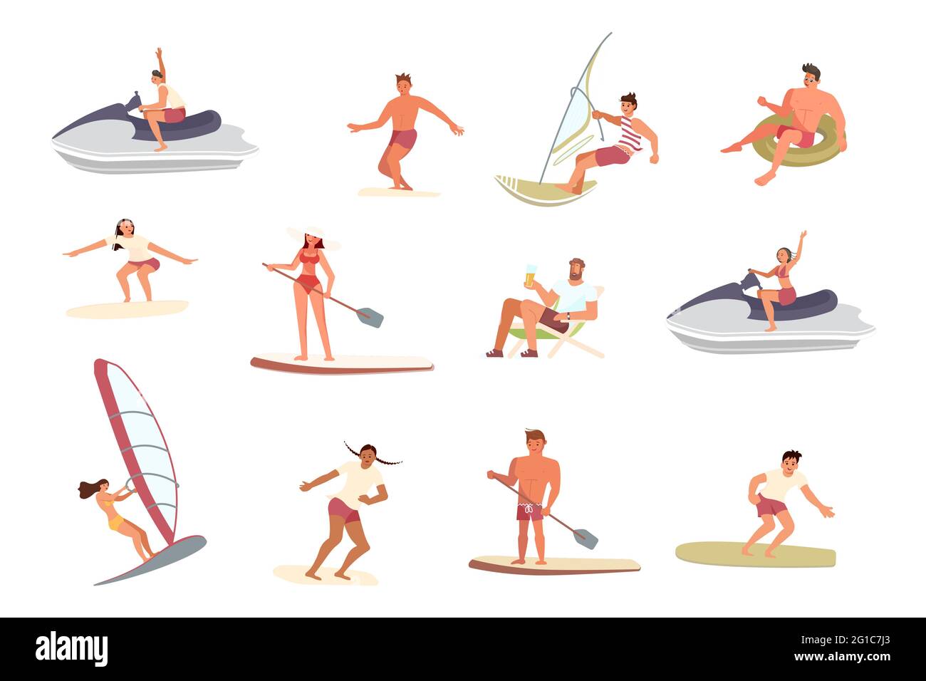 Bundle of water sports people. Men an women ride the Barreled Rushing ...