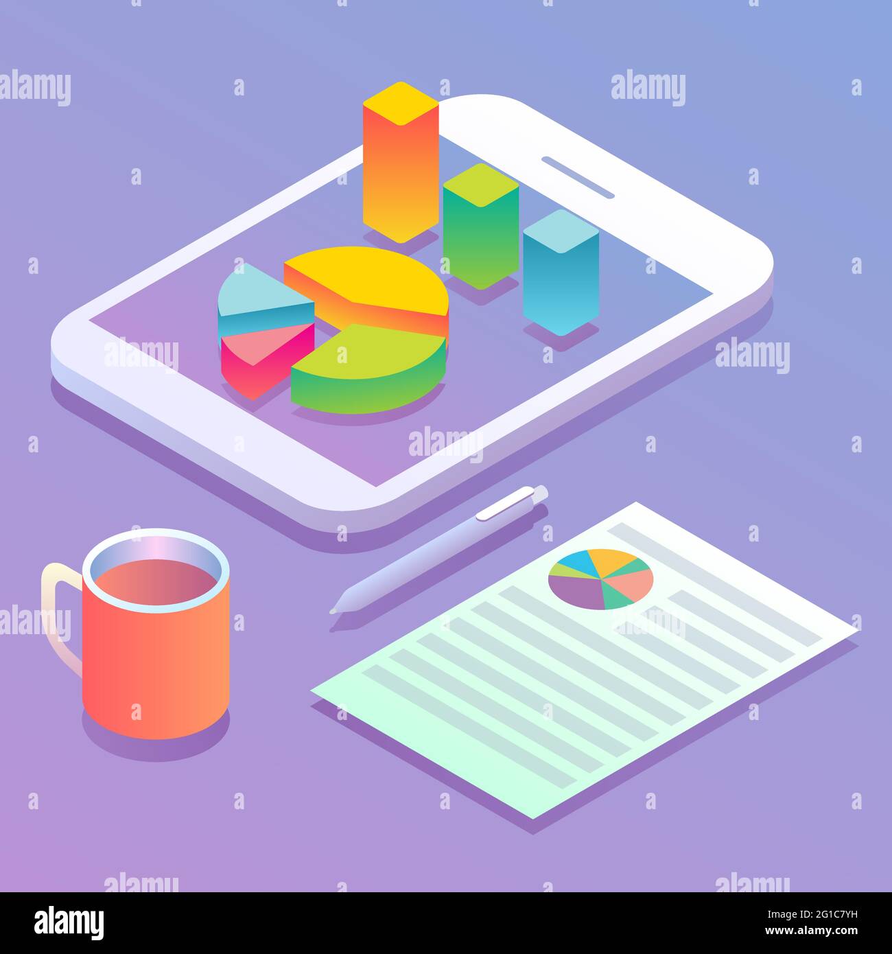 Mobile analytics concept flat vector illustration. Isometric smartphone ...