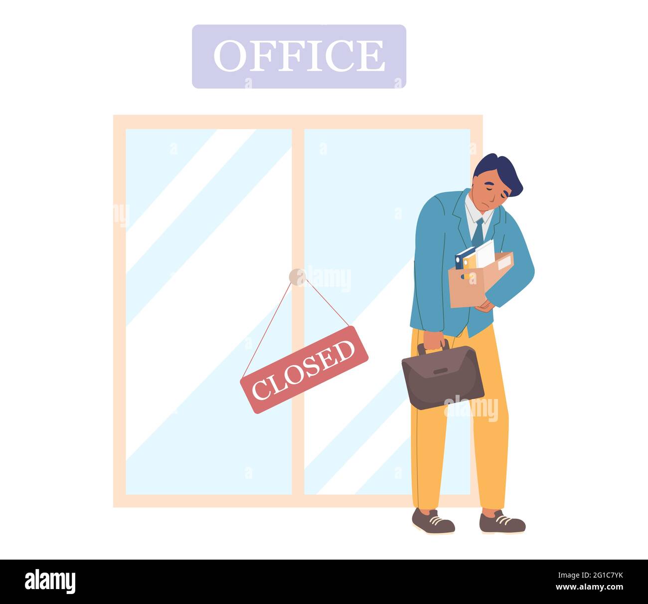 Employee leaving closed office, vector illustration. Dismissal, job ...
