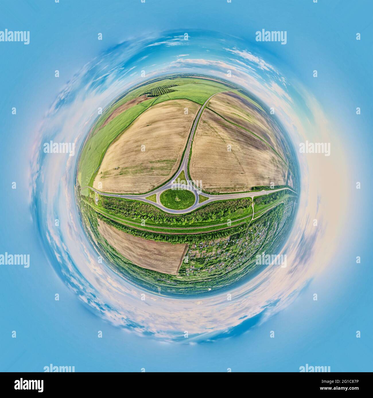 Spherical 360 degrees panorama of summer landscape with fields and ...