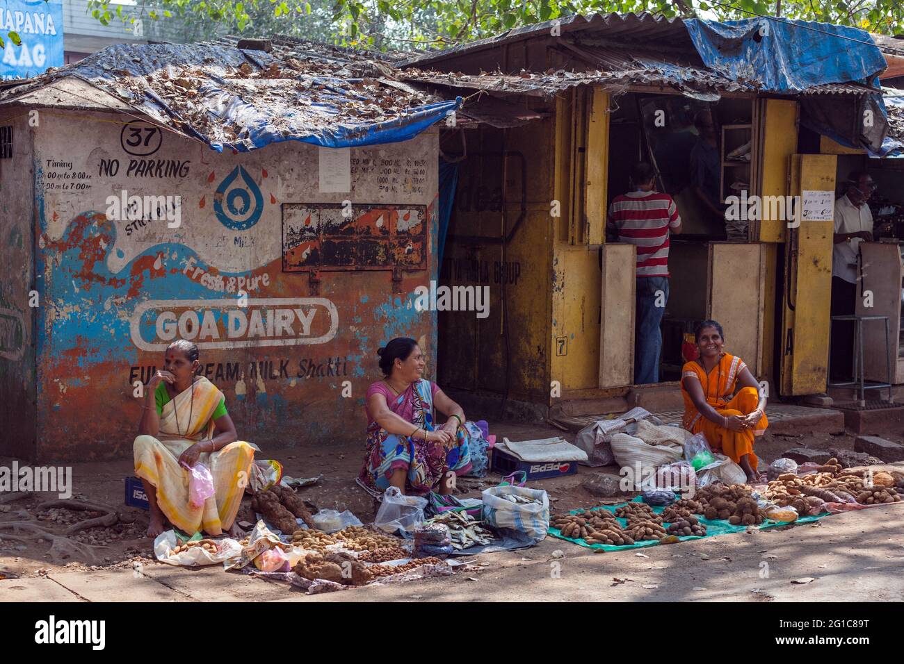 Indian female market traders selling fish and vegetables on roadside ...