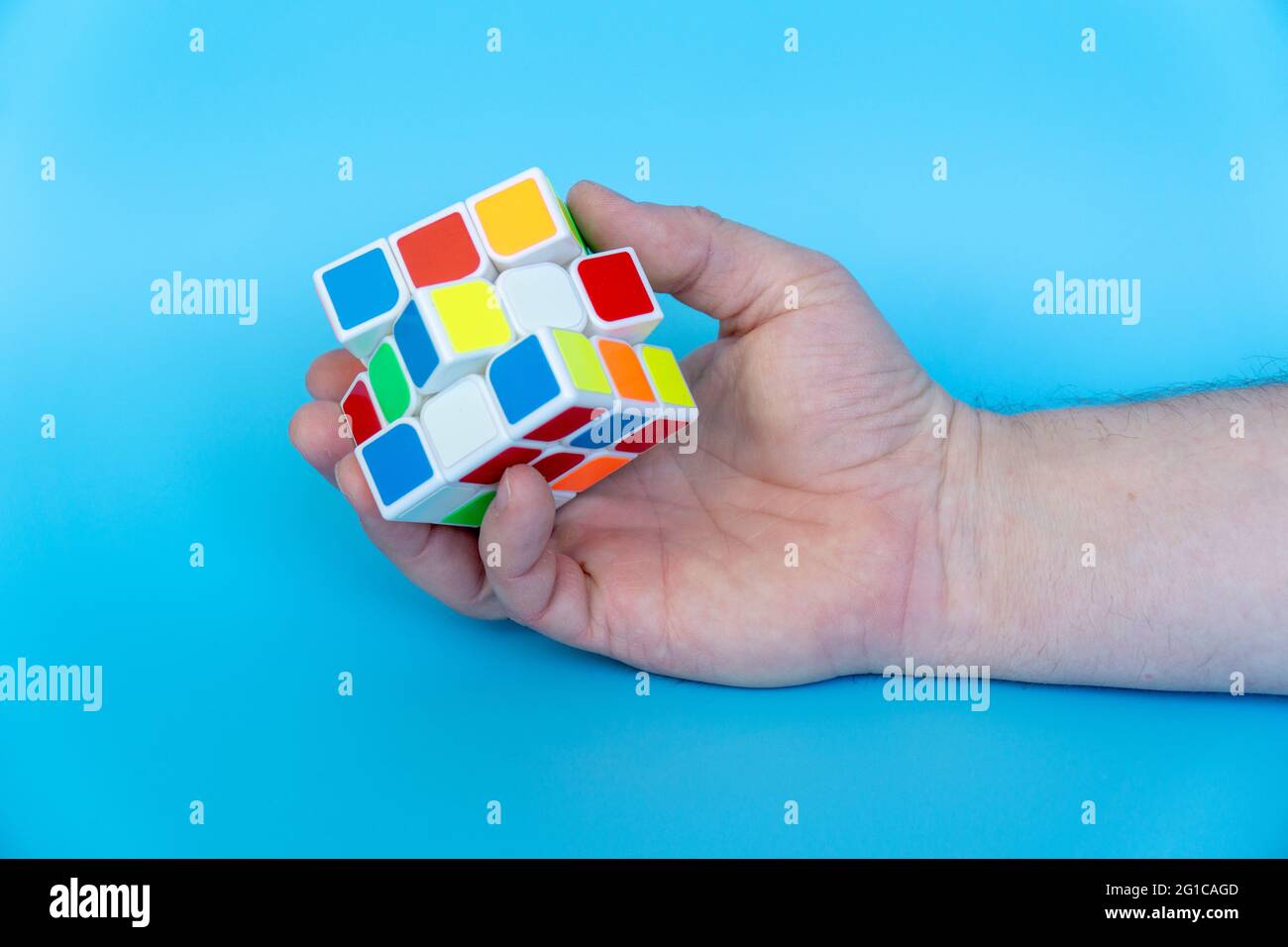 Moscow, Russia - 2nd June 2021: Rubik's cube on blue background Stock ...