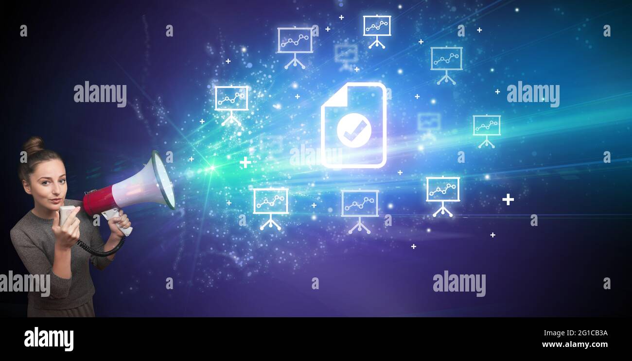 Young person with megaphone and business icon Stock Photo - Alamy