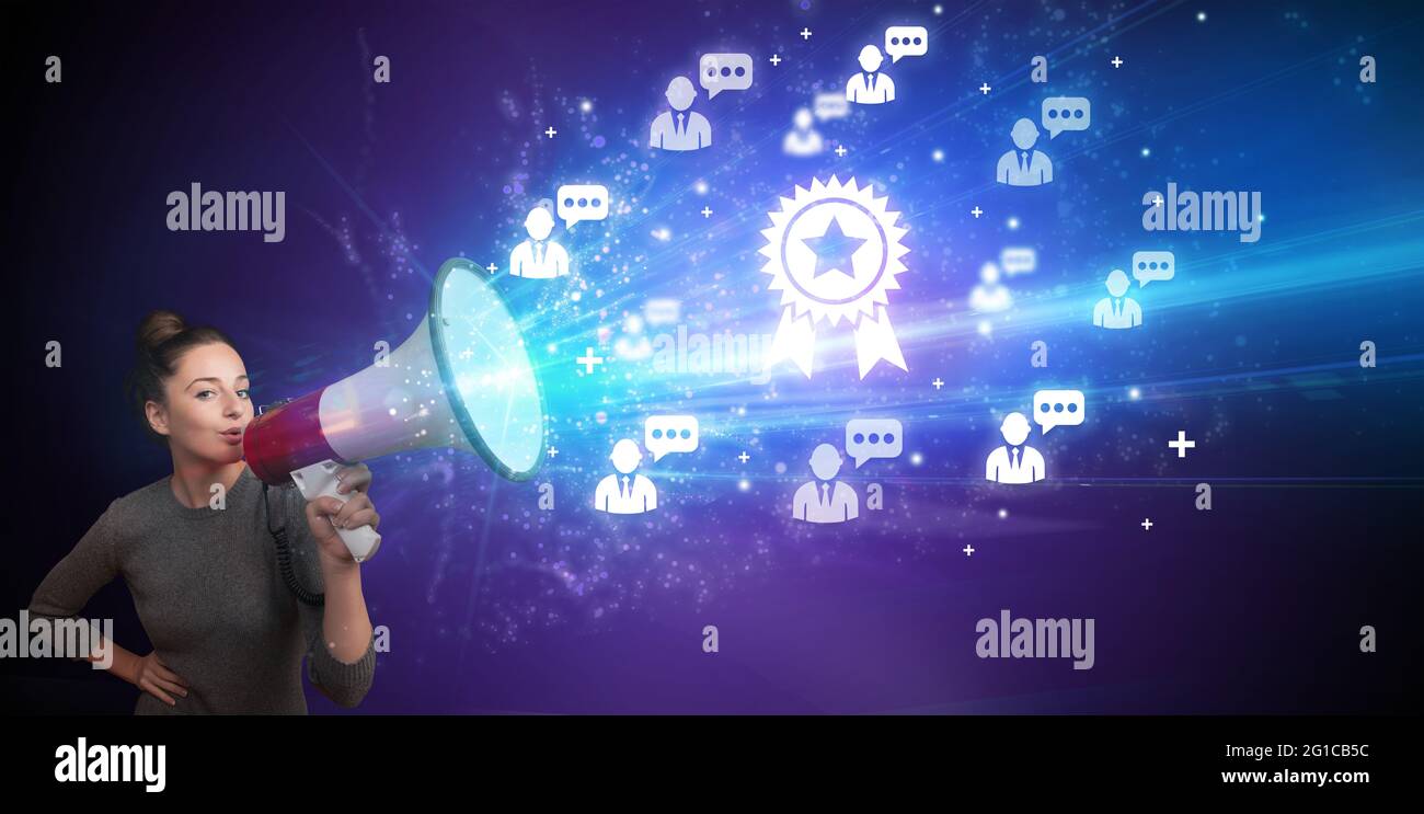 Young person with megaphone and business icon Stock Photo - Alamy