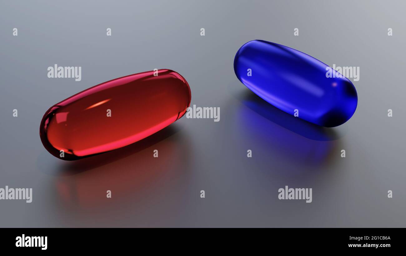 Red and blue pill pm flat surface. 3D rendering illustration Stock ...