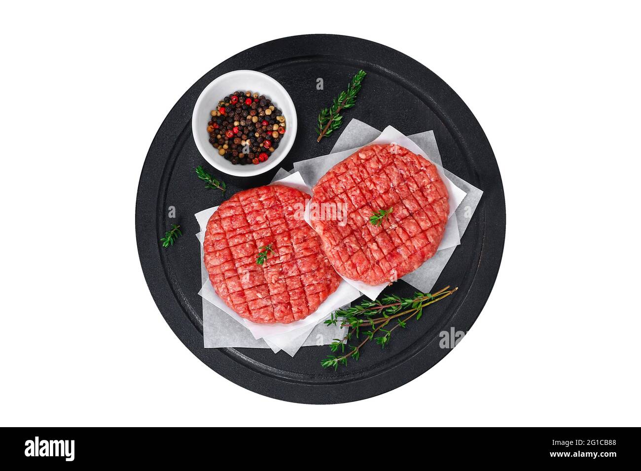 Raw minced beef patties for burgers isolated on white background. Raw ...