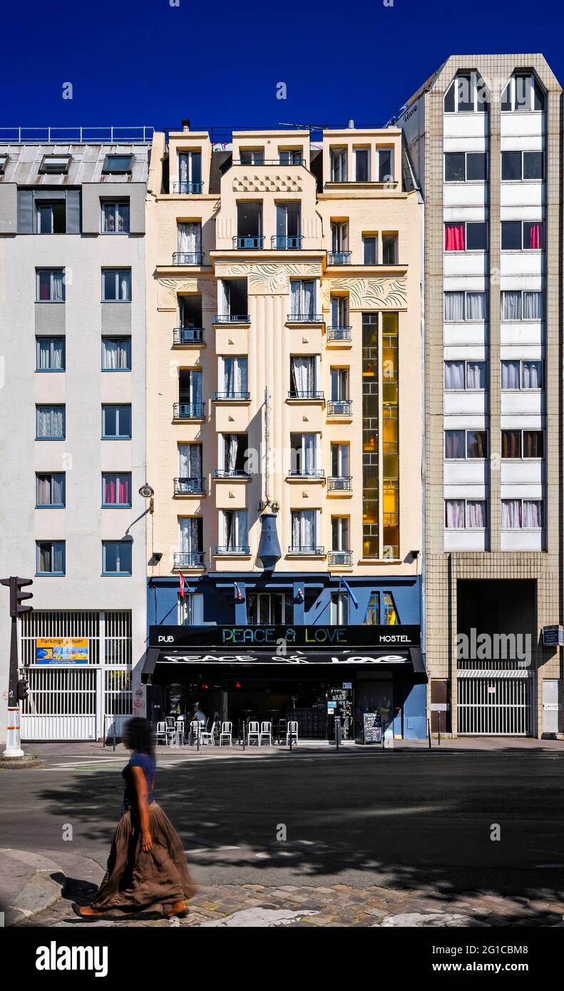 PEACE & LOVE HOSTEL WITH ART DECO FRONT IN PARIS, FRANCE Stock Photo ...