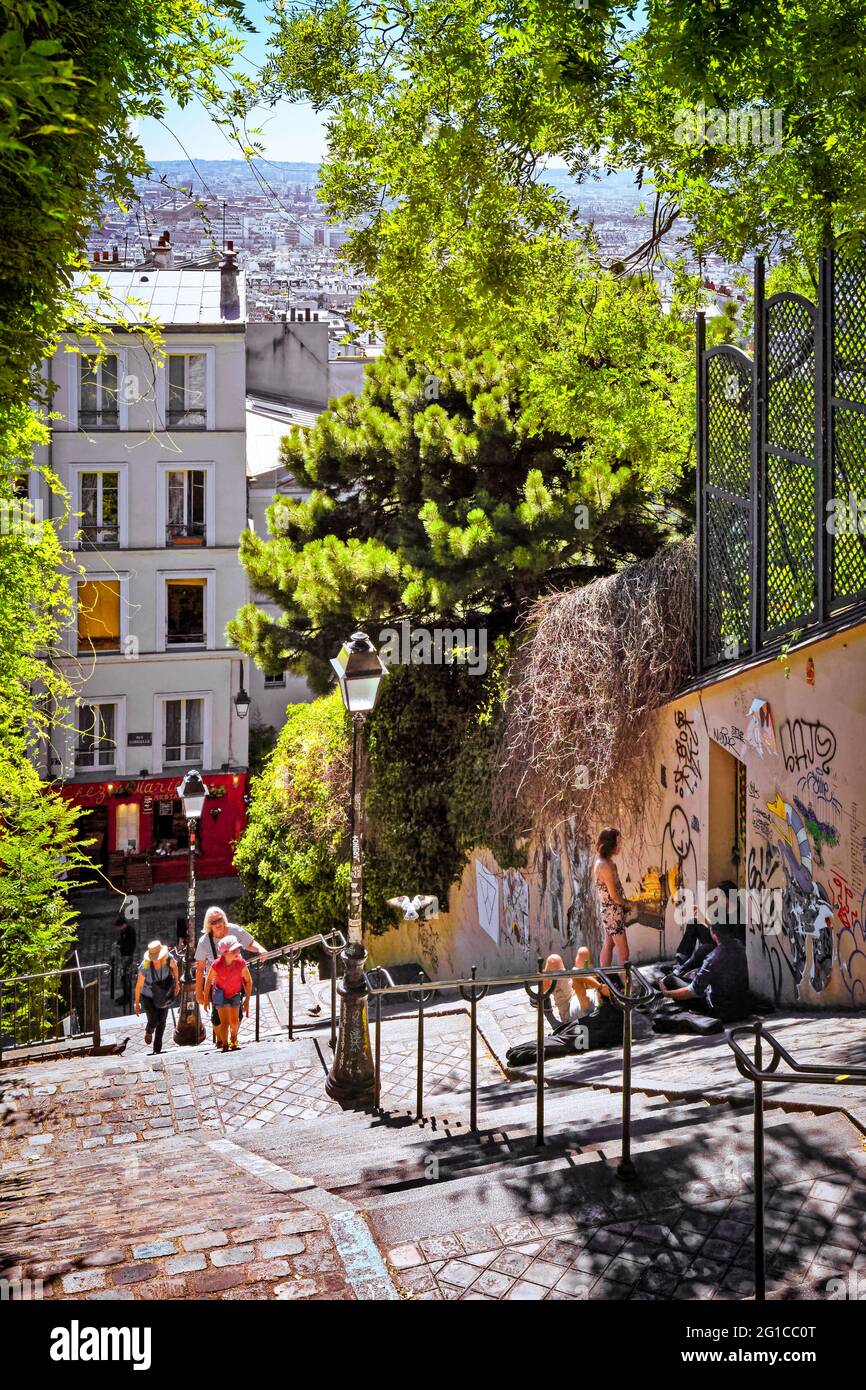 STAIRWAY OF CALVAIRE STREET AT MONTMARTRE DISTRICT IN PARIS, FRANCE ...