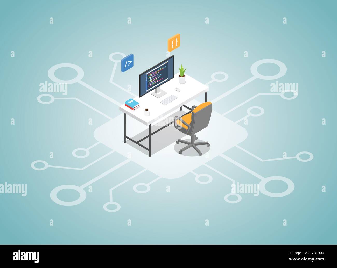 programming concept with workspace and network sign with modern flat ...