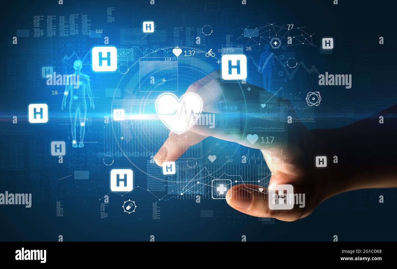 Doctor hand pressing futuristic health device with medical symbol on screen Stock Photo - Alamy