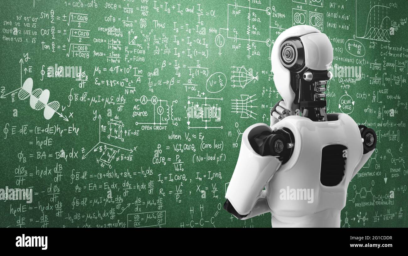 Thinking AI humanoid robot analyzing screen of mathematics formula and ...