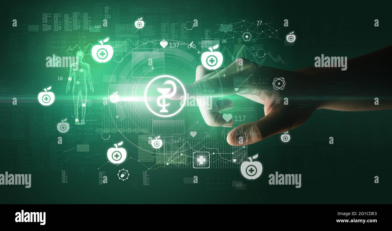 Doctor hand pressing futuristic health device with medical symbol on screen Stock Photo - Alamy