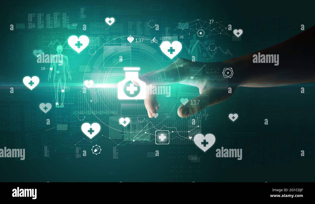Doctor hand pressing futuristic health device with medical symbol on screen Stock Photo - Alamy