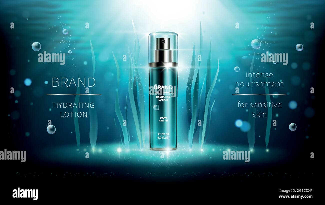 Natural algae vector cosmetic realistic ads poster. Spray bottle with ...