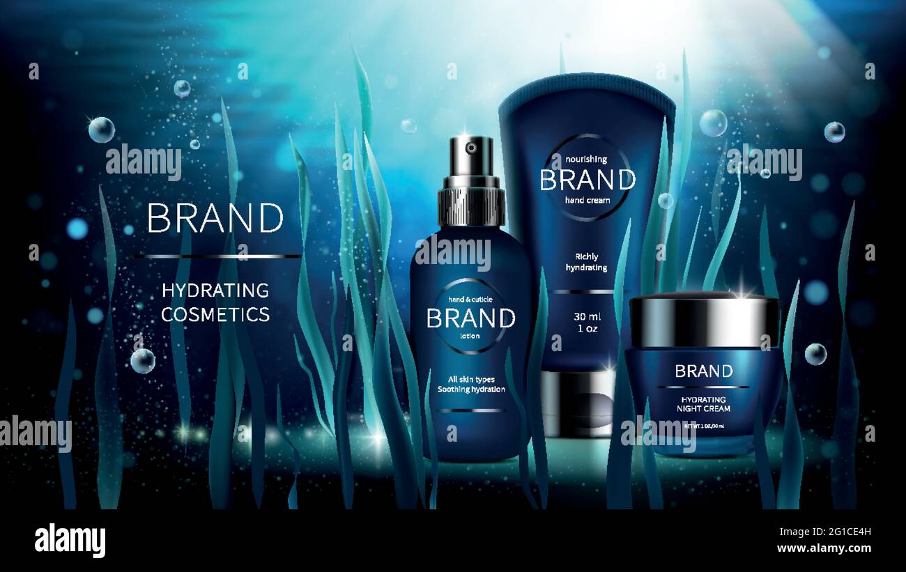 Natural algae vector cosmetic realistic ads poster. Spray bottle, cream ...