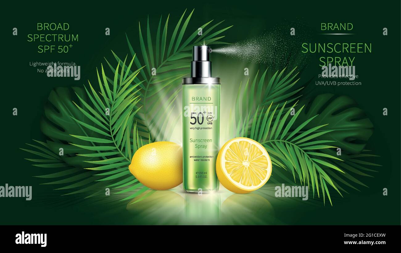 Sunscreen cosmetic vector realistic ads poster. Spray bottle with sun ...