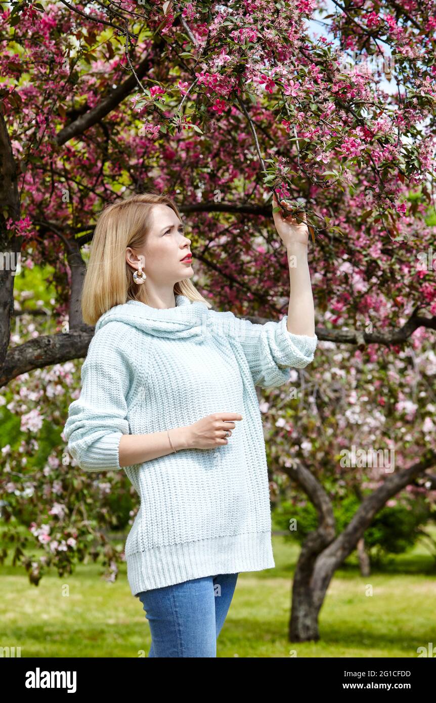 Woman on nature walk at spring park. Portrait photo of happy Caucasian ...