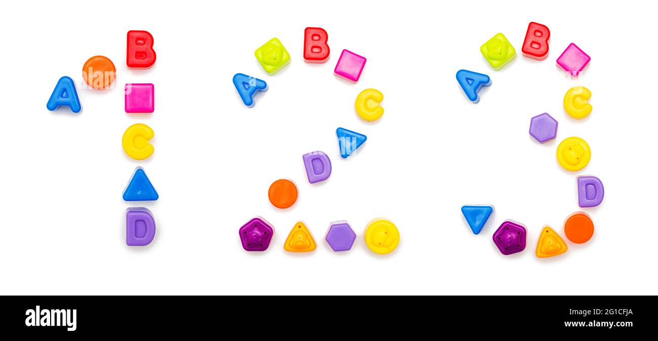 numbers from children's cubes, letters and shapes Stock Photo - Alamy