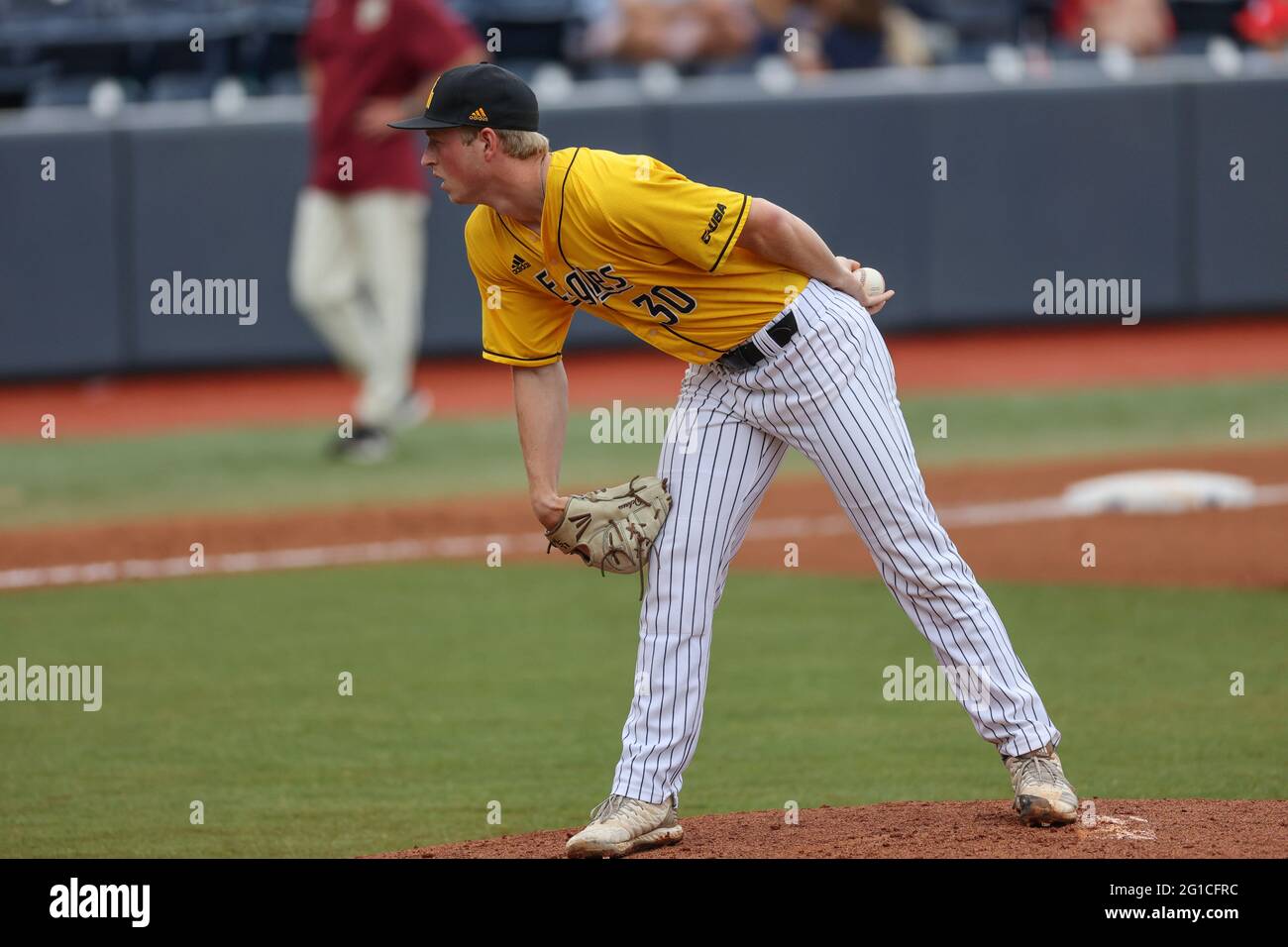 June 06, 2021: Southern Miss pitcher Ryan Och (30) reads the signal for ...