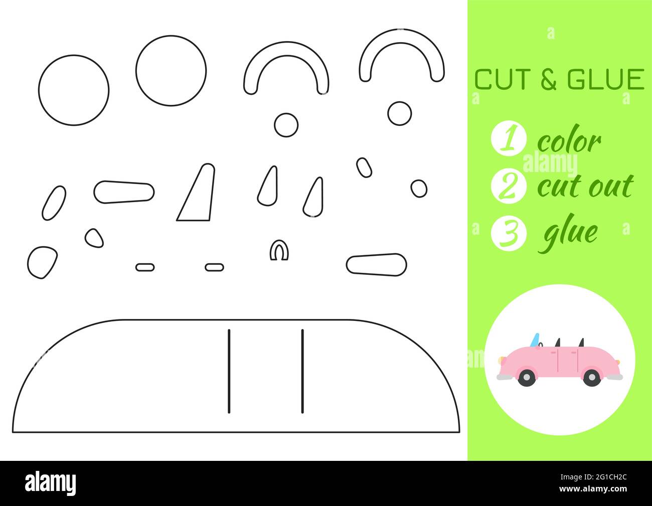 Color, cut and glue paper pink car. Cut and paste craft activity page ...