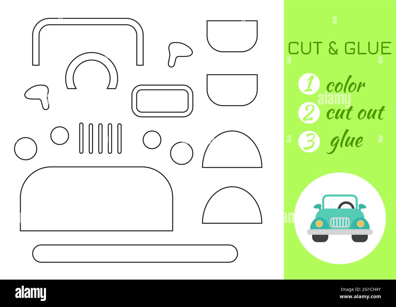 Color, cut and glue paper green car. Cut and paste craft activity page ...