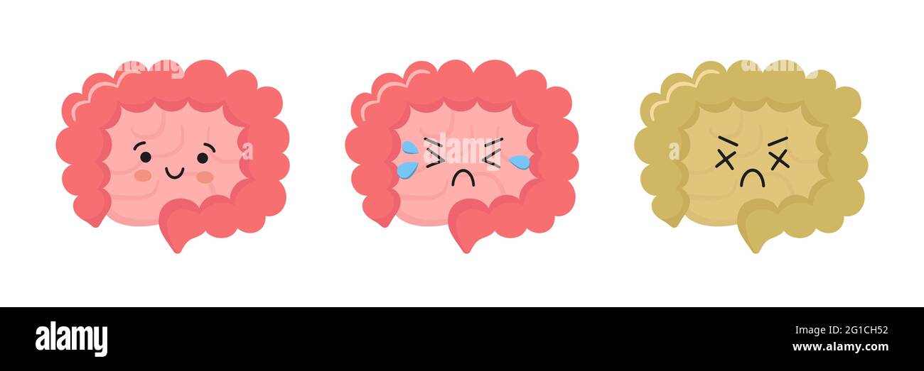 Happy healthy and sad sick kawaii characters of intestine. Set of gut ...