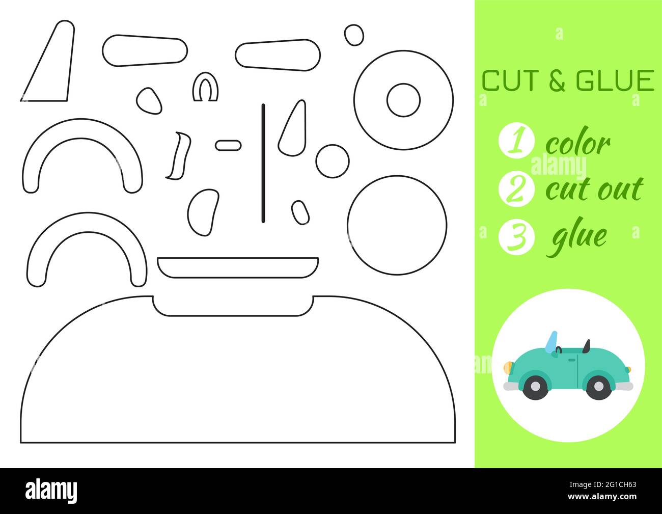Color, cut and glue paper green car. Cut and paste craft activity page ...