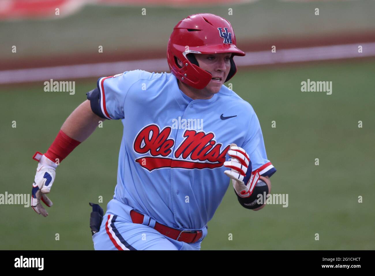 June 06, 2021: Ole Miss catcher Hayden Dunhurst (13) runs to first ...